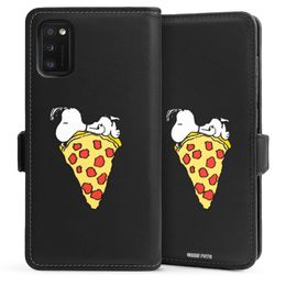 DeinDesign Galaxy A41 Handy Klapph&uuml;lle Handyh&uuml;lle aus Kunst Leder schwarz Flip Case Peanuts Pizza Snoopy Sideflip mit Lasche