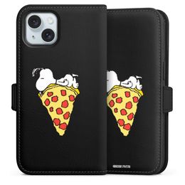DeinDesign iPhone 15 Handy Klapph&uuml;lle Handyh&uuml;lle aus Kunst Leder schwarz Flip Case Peanuts Pizza Snoopy Sideflip mit Lasche