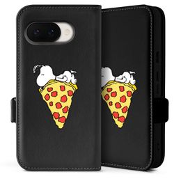 DeinDesign Google Pixel 9a Handy Klapph&uuml;lle Handyh&uuml;lle aus Kunst Leder schwarz Flip Case Peanuts Pizza Snoopy Sideflip mit Lasche