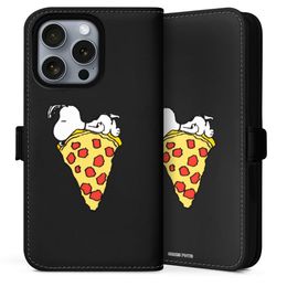 DeinDesign iPhone 16 Pro Max Handy Klapph&uuml;lle Handyh&uuml;lle aus Kunst Leder schwarz Flip Case Peanuts Pizza Snoopy Sideflip mit Lasche