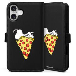 DeinDesign iPhone 16 Plus Handy Klapph&uuml;lle Handyh&uuml;lle aus Kunst Leder schwarz Flip Case Peanuts Pizza Snoopy Sideflip mit Lasche