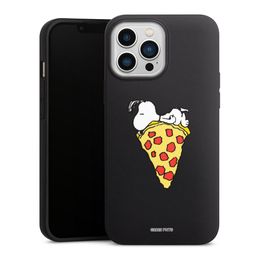 DeinDesign iPhone 13 Pro Max Handy Premium Silikon H&uuml;lle Handyh&uuml;lle schwarz Case Peanuts Pizza Snoopy Silikon Premium Case