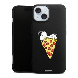 DeinDesign iPhone 15 Handy Premium Silikon H&uuml;lle Handyh&uuml;lle schwarz Case Peanuts Pizza Snoopy Silikon Premium Case