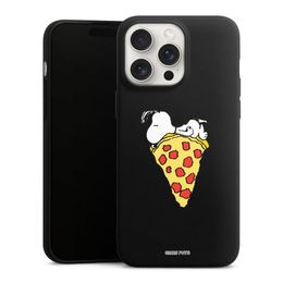 DeinDesign iPhone 15 Pro Max Handy Premium Silikon H&uuml;lle Handyh&uuml;lle schwarz Case Peanuts Pizza Snoopy Silikon Premium Case
