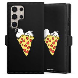 DeinDesign Galaxy S24 Ultra Handy Klapph&uuml;lle Handyh&uuml;lle aus Kunst Leder schwarz Flip Case Peanuts Pizza Snoopy Sideflip mit Lasche