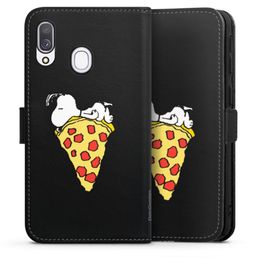 DeinDesign Galaxy A40 Handy Klapph&uuml;lle Handyh&uuml;lle aus Kunst Leder schwarz Flip Case Peanuts Pizza Snoopy Sideflip mit Lasche
