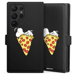 DeinDesign Galaxy S23 Ultra Handy Klapph&uuml;lle Handyh&uuml;lle aus Kunst Leder schwarz Flip Case Peanuts Pizza Snoopy Sideflip mit Lasche