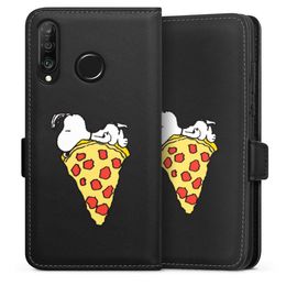 DeinDesign Huawei P30 Lite Handy Klapph&uuml;lle Handyh&uuml;lle aus Kunst Leder schwarz Flip Case Peanuts Pizza Snoopy Sideflip mit Lasche