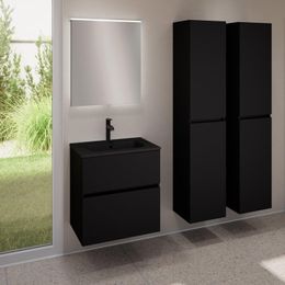 evineo ineo5 evo Unterschrank B: 60 cm mit 2 Ausz&uuml;gen, Slim-Waschtisch schwarz matt, mit ineo Lichtspiegel,, BE0834BM+BE0956BM+BEA009MI,
