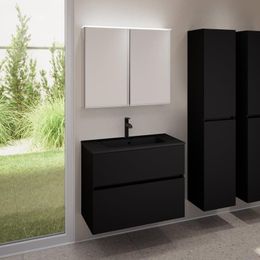 evineo ineo5 evo Unterschrank B: 80 cm mit 2 Ausz&uuml;gen, Slim-Waschtisch schwarz matt, mit ineo Spiegelschrank CH,, BE0835BM+BE0957BM+BEA041MI,