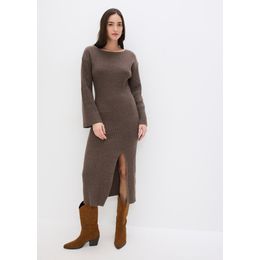 bonprix Strickkleid mit Schlitz, braun, Gr.44/46 (L), Mit U-Boot-Ausschnitt und langen Trompeten&auml;rmeln