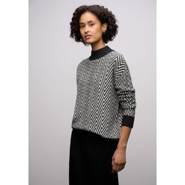 Stehkragenpullover Street One, Damen, Gr. 42, schwarz, Stoff, 37% Polyacryl, 29% Baumwolle, 29% Polyester, 5% Nylon, gemustert, normal normal, hoch geschlossener Ausschnitt, Rippb&uuml;ndchen, Pullover Stehkragenpullover, mit grafischem Muster