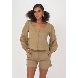 Klassische Bluse FRESHLIONS "Amara", Damen, Gr. S, braun (hellbraun), 100% Leinen, unifarben, normal, Rundhals, Blusen, im klassischen Design