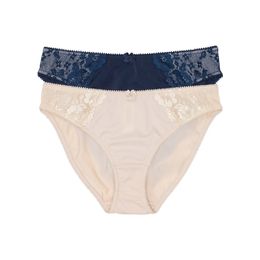 Slip bonprix, Damen, Gr. 40/42 (M), 2 Stk., blau (dunkelblau, sandbeige), Obermaterial: 80% Polyamid, 20% Elasthan. Futter: 89% Polyamid, 11% Elasthan. Spitze: 90% Polyamid, 10% Elasthan, Unterhosen Slip, klassische Passform, zarte florale Spitze, 2er Pack