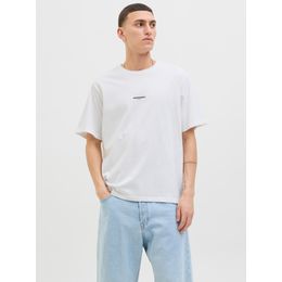 Jack & Jones Print-Shirt JACK & JONES "JORTAVIRA POSTER TEE SS CREW NECK", Herren, Gr. L, wei&szlig; (hellwei&szlig;), Jersey, Obermaterial: 100% Baumwolle, bedruckt, regular fit taillenbedeckt, Rundhals, gerader Abschluss, Shirts, mit Backprint