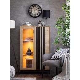 Highboard Home Affaire "LAVAL, Hochkommode, Vitrine, Glasvitrine, Kombi-Highboard", artisan eiche, B:80cm H:128,5cm T:40cm, Glas, Holzwerkstoff, MDF, Metall, Sideboards, Highboard, Modernes Highboard in Artisan-Dekor mit Glasfront & Lamellen-Optik