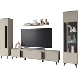 Wohnwand Home Affaire "Helsinki, Modernes Set mit verglaster Vitrine", braun (congo), B:260cm H:159,5cm T:33cm, Holzwerkstoff, Kastenm&ouml;bel-Sets, Wohnwand, mit lamellengriffen, verstellbaren Einlegeb&ouml;den und Kunststofff&uuml;&szlig;en