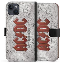 DeinDesign iPhone 14 Plus Handy Klapph&uuml;lle Handyh&uuml;lle aus Kunst Leder schwarz Flip Case Merchandise Acdc Logo Sideflip mit langer Lasche
