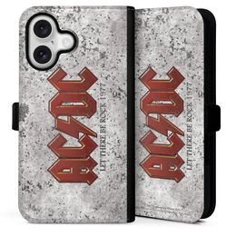 DeinDesign iPhone 16 Handy Klapph&uuml;lle Handyh&uuml;lle aus Kunst Leder schwarz Flip Case Merchandise Acdc Logo Sideflip mit Lasche