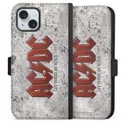 DeinDesign iPhone 15 Handy Klapph&uuml;lle Handyh&uuml;lle aus Kunst Leder schwarz Flip Case Merchandise Acdc Logo Sideflip mit Lasche