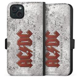 DeinDesign iPhone 15 Plus Handy Klapph&uuml;lle Handyh&uuml;lle aus Kunst Leder schwarz Flip Case Merchandise Acdc Logo Sideflip mit Lasche