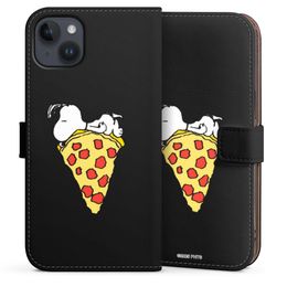 DeinDesign iPhone 14 Plus Handy Klapph&uuml;lle Handyh&uuml;lle aus Kunst Leder schwarz Flip Case Peanuts Pizza Snoopy Sideflip mit langer Lasche