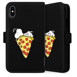 DeinDesign iPhone X Handy Klapph&uuml;lle Handyh&uuml;lle aus Kunst Leder schwarz Flip Case Peanuts Pizza Snoopy Sideflip mit langer Lasche