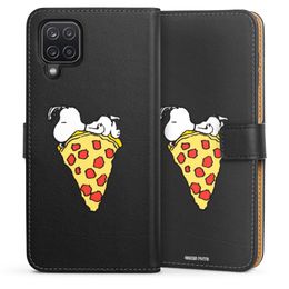 DeinDesign Galaxy A12 Handy Klapph&uuml;lle Handyh&uuml;lle aus Kunst Leder schwarz Flip Case Snoopy Pizza Peanuts Sideflip mit langer Lasche