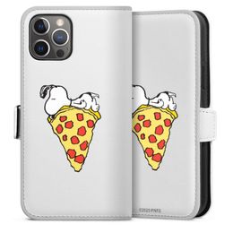 DeinDesign iPhone 12 Pro Handy Klapph&uuml;lle Handyh&uuml;lle aus Kunst Leder wei&szlig; Flip Case Peanuts Pizza Snoopy Sideflip mit Lasche