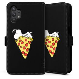 DeinDesign Galaxy A32 5G Handy Klapph&uuml;lle Handyh&uuml;lle aus Kunst Leder schwarz Flip Case Snoopy Pizza Peanuts Sideflip mit langer Lasche