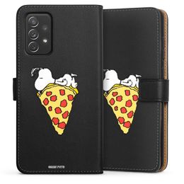 DeinDesign Galaxy A72 Handy Klapph&uuml;lle Handyh&uuml;lle aus Kunst Leder schwarz Flip Case Peanuts Pizza Snoopy Sideflip mit langer Lasche