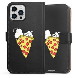 DeinDesign iPhone 13 Pro Max Handy Klapph&uuml;lle Handyh&uuml;lle aus Kunst Leder schwarz Flip Case Peanuts Pizza Snoopy Sideflip mit langer Lasche