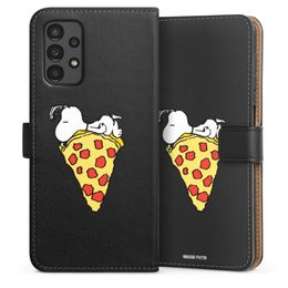 DeinDesign Galaxy A13 4G Handy Klapph&uuml;lle Handyh&uuml;lle aus Kunst Leder schwarz Flip Case Peanuts Pizza Snoopy Sideflip mit langer Lasche