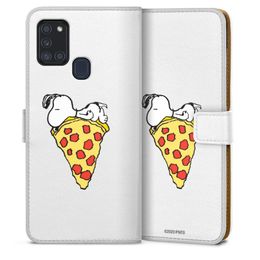 DeinDesign Galaxy A21s Handy Klapph&uuml;lle Handyh&uuml;lle aus Kunst Leder wei&szlig; Flip Case Peanuts Pizza Snoopy Sideflip mit Lasche