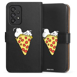 DeinDesign Galaxy A53 5G Handy Klapph&uuml;lle Handyh&uuml;lle aus Kunst Leder schwarz Flip Case Peanuts Pizza Snoopy Sideflip mit langer Lasche