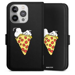 DeinDesign iPhone 14 Pro Handy Klapph&uuml;lle Handyh&uuml;lle aus Kunst Leder schwarz Flip Case Peanuts Pizza Snoopy Sideflip mit langer Lasche