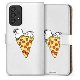 DeinDesign Galaxy A33 5G Handy Klapph&uuml;lle Handyh&uuml;lle aus Kunst Leder wei&szlig; Flip Case Snoopy Pizza Peanuts Sideflip mit Lasche