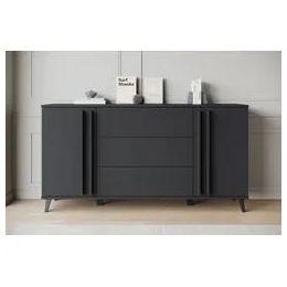 Sideboard Home Affaire "Helsinki, Kommode mit 2 T&uuml;ren und 3 Schubladen, Breite 150 cm", schwarz (graphite schwarz matt), B:150cm H:77,8cm T:39,5cm, Holzwerkstoff, Sideboards, Sideboard, Push-to-Open-Schubladen, h&ouml;henverstellbare Einlegeb&ouml;den