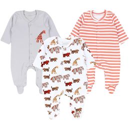 Strampler TUPTAM "Schlafstrampler Baby Jungen Schlafstrampler mit Fu&szlig; 3er Pack", Jungen, Gr. 56, N-Gr, beige (grau beige safaritiere), Obermaterial: 100% Baumwolle CO., Overalls