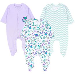 Strampler TUPTAM "Schlafstrampler Baby M&auml;dchen Schlafstrampler mit Fu&szlig; 3er Pack", Jungen, Gr. 56, N-Gr, rosa (lila mint streifen v&ouml;gel), Obermaterial: 100% Baumwolle CO., Overalls