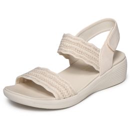 Sandale Skechers "ARYA", Damen, Gr. 35, sanftes wei&szlig;, Textil, Strukturmuster, Schuhe Sandale, Sommerschuh, Keilsandalette mit komfortablem Luxe Foam