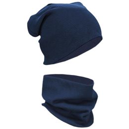 Beanie ALKATO "M&uuml;tze Alkato Unisex Beanie M&uuml;tze und Schal Set Uni", Herren, blau (rippstoff dunkelblau), Obermaterial: 95% Baumwolle CO. 5% Elasthan EL., M&uuml;tzen Beanie