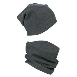 Beanie ALKATO "M&uuml;tze Alkato Unisex Beanie M&uuml;tze und Schal Set Uni", Herren, grau (rippstoff anthrazit meliert), Obermaterial: 95% Baumwolle CO. 5% Elasthan EL., M&uuml;tzen Beanie