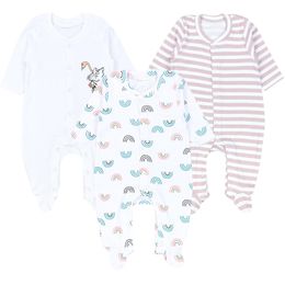 Strampler TUPTAM "Schlafstrampler Baby M&auml;dchen Schlafstrampler mit Fu&szlig; 3er Pack", Jungen, Gr. 68, N-Gr, wei&szlig; (wei&szlig; rosa regenbogen schwan streifen), Obermaterial: 100% Baumwolle CO., Overalls