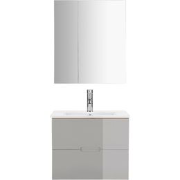 Badm&ouml;bel-Set Welltime "Lund Badm&ouml;bel Set Badschrank Badezimmerset", grau (eiche, grau), MDF, Kastenm&ouml;bel-Sets, Badm&ouml;bel-Set, Spiegelschrank, Waschtisch und Waschbecken Breite 60cm