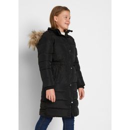 bonprix Winter-Steppmantel mit abnehmbarer Kapuze, schwarz, Gr.140/146, Warmer Steppmantel f&uuml;r M&auml;dchen mit Fellimitat