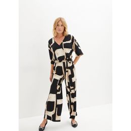 bonprix Jersey-Jumpsuit, schwarz, Gr.48/50 (XL), graphisch bedruckter Jersey-Jumpsuit mit Knopfverschluss hinten am Ausschnitt