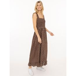 Maxikleid Zwillingsherz "Classic Dots", Damen, Gr. L/XL, N-Gr, braun, Obermaterial: 59% Viskose, 30% Baumwolle, 11% Leinen, Kleider Maxikleid, kn&ouml;chellang, breite Tr&auml;ger, mit Punkten, elastisches Oberteil