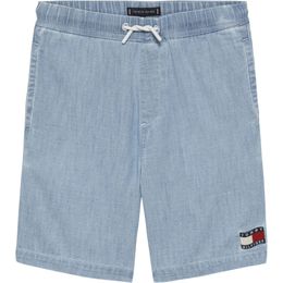 Shorts Tommy Hilfiger "WAVY FLAG HERRINGBONE SHORT", M&auml;dchen, Gr. 6 (116), N-Gr, denim medium, Web, Obermaterial: 100% Baumwolle, unifarben, relaxed fit kniefrei, Hosen Shorts, Kinder bis 16 Jahre, relaxed fit