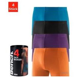 Boxer Bench. "Boxershorts f&uuml;r Herren", Herren, Gr. M, 4 Stk., bunt (schwarz, t&uuml;rkis, orange, lila), Jersey, Obermaterial: 95% Baumwolle, 5% Elasthan, unifarben, Unterhosen, Unterhosen in der Dose mit kleinem Logodruck auf dem Bein